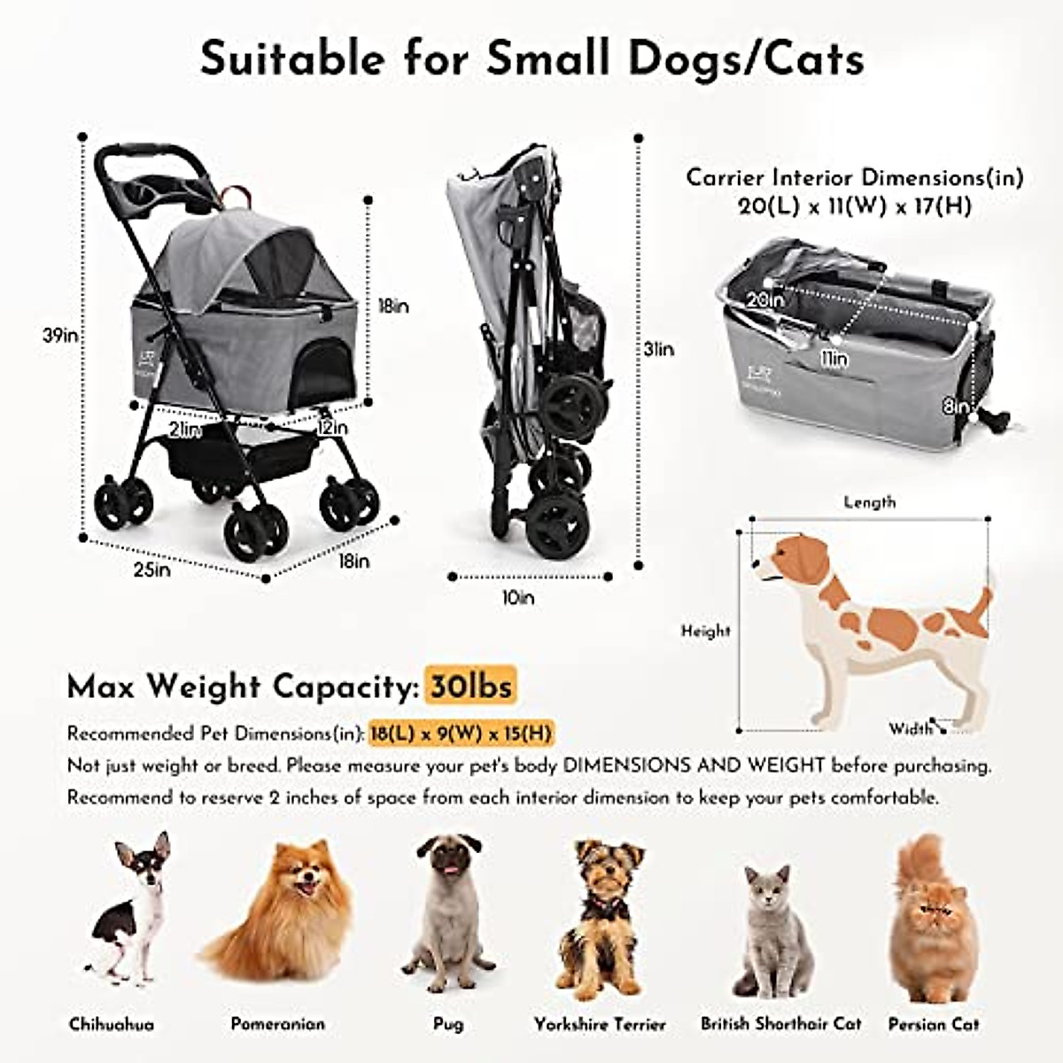SKISOPGO Dog Cat Pet Gear 3-in-1 Foldable Pet Stroller Detachable Carrier, Car Seat and Stroller with Push Button Entry for Small Pets (Gray)