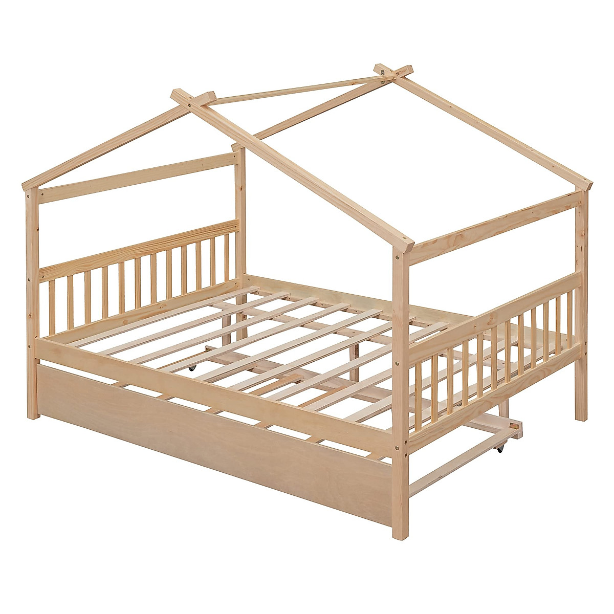 Quarte Full Size Wooden House Bed with Twin Size Trundle,Wooden Daybed Tent Bed for Kids Boys Girls Bedroom,Can be Decorated (Natural/House6)