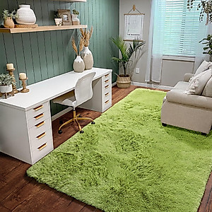 Grass Green Area Rug for Bedroom,4'X6',Fluffy Shag Rugs for Living Room,Furry Carpet for Kids Room,Shaggy Throw Rug for Nursery Room,Fuzzy Plush Rug,Green Carpet,Rectangle,Cute Room Decor for Baby