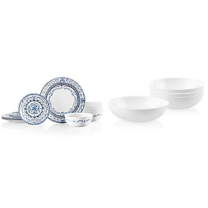Corelle Portofino Round Dinnerware Set for 6 | Service for 6, 18 Piece Set | Triple Layer Strong Glass is Resistant to Chips and Cracks & White Meal Bowls for Pasta, Salad, and More | 4 Pack, 46 Oz