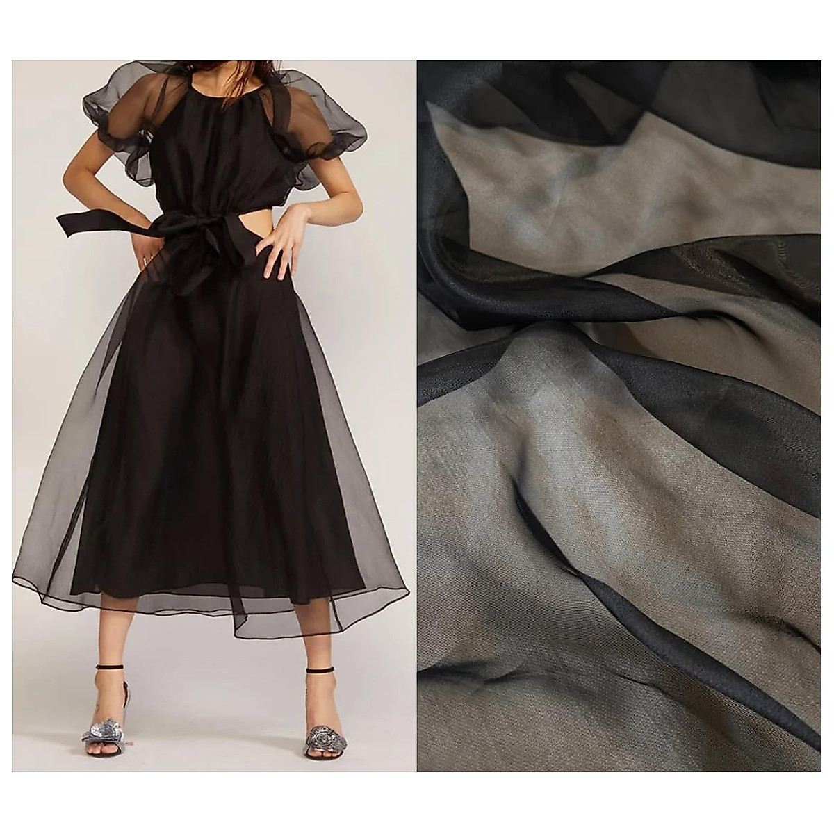 MDS Pack of 5 Yards Long Bridal Solid Sheer Organza Fabric Bolt for Wedding Dress, Fashion, Crafts, Decorations, backdrop, Christmas Craft Supplies, Silky Shiny Organza Fabrics 44” Wide - Black