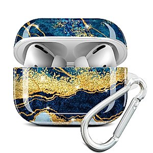 JIAXIUFEN Compatible with AirPods Pro Case Cover Gold Sparkle Glitter Marble Design Cute Full Protective Silicone TPU Skin Accessories for Women Girl Dark Blue