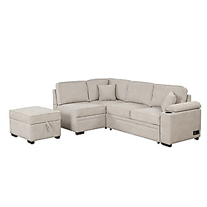 Sectional Sleeper Sofa with Storage Ottoman Pull Out Couch Bed with USB Charging & Cup Holder L-Shaped Comfy Couches for Living Room Convertible Couch Beds for Bedroom Apartment, 87.4" Beige