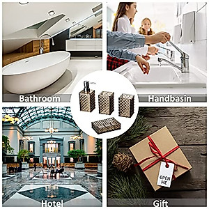 4 Piece Square Plastic Bathroom Accessories Set, Brown Diamond Pattern Bathroom Accessories Soap Dispenser, Toothbrush Holder, Tumbler and Soap Dish.