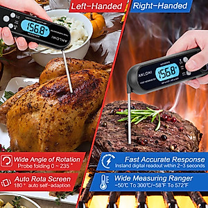 Instant Read Waterproof Meat Thermometer – Digital Kitchen Food Thermometer for Cooking, Foldable Probe Thermometer for Grilling BBQ Smoker Baking Candy. (Black)