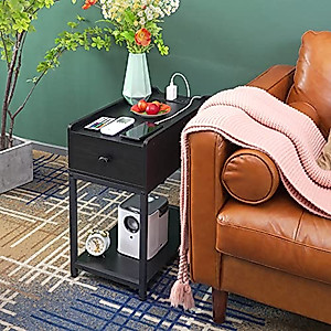 AMHANCIBLE End Tables Living Room Set of 2 with Charging Station, Black Nightstand with Drawer, Bedside Tables with USB Ports & Outlets, Slim Side Table for Small Spaces, Bedroom, Couch, HET04LDBK