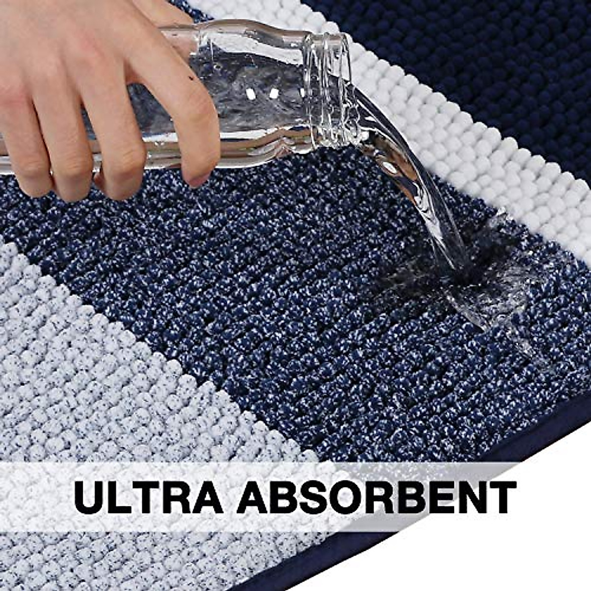 Luxury Chenille Microfiber Floor Mat for Living Room Bedroom, Gradient Navy Stripe Pattern Shag Plush Rug, Soft Non Slip Absorbent Bathmat Washable Home Decor, (47×20 inch, Navy)