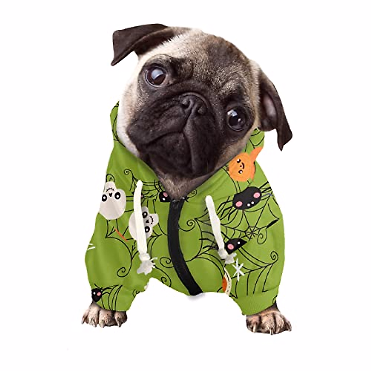 DDFS Halloween Dog Costumes Small Size Dog Hoodies Sweatshirt Print Spider&Ghost Fashion Design Green Doggy Jacket Pup Apparel Keep Warm Winter Dog Clothes Puppy Outfit for Halloween Party