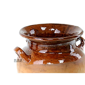 Olla Frijolera De Barro 1.5 Qt. Mini Traditional Handmade Mexican Authentic Artisan Barro Clay 100% Stockpot with Brown Glaze Interior Finish