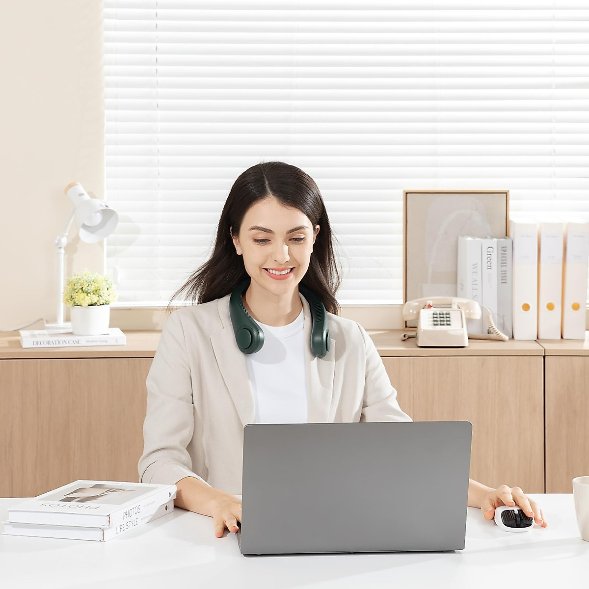 JISULIFE Portable Neck Fan, Hands Free Bladeless Fan, 4000 mAh Battery Operated Wearable Personal Fan, Leafless, Rechargeable, Headphone Design, USB Powered Desk Fan,3 Speeds-Dark Green