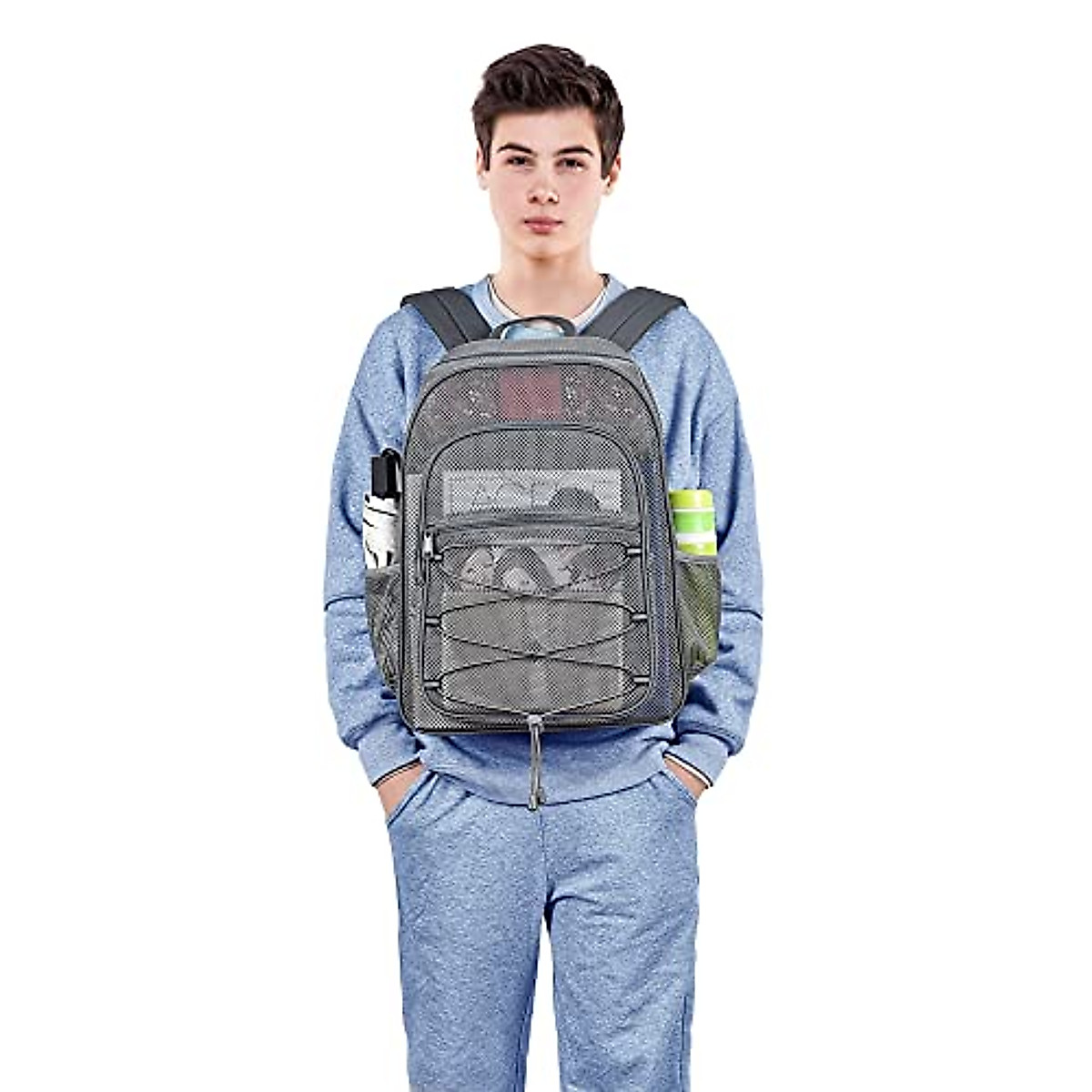 Heavy Duty Mesh Backpacks for Adults, Mesh School Booking Bags for Boys and Girls, See Through Backpack with Adjustable Straps, Mesh Bags for Swimming(Grey)