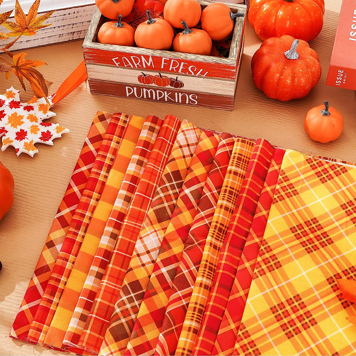 Whaline 12Pcs Fall Cotton Fabric Bundles 10 x 10 Inch Autumn Buffalo Plaid Fat Quarters Plaid Quilting Patchwork Squares Sewing Fabrics for Harvest Thanksgiving DIY Handmade Craft Home Party Decor