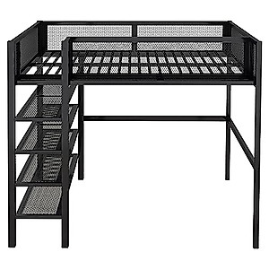 Loft Bed Multifunctionl Bed, Metal Full Size Loft Bed Frame with 4-Tier Open Shelves, Guardrail Side Storage Shelf and Mesh Guardrails, Kids Adults Bedroom Furniture High Loft Storage Bed (Black Bed)
