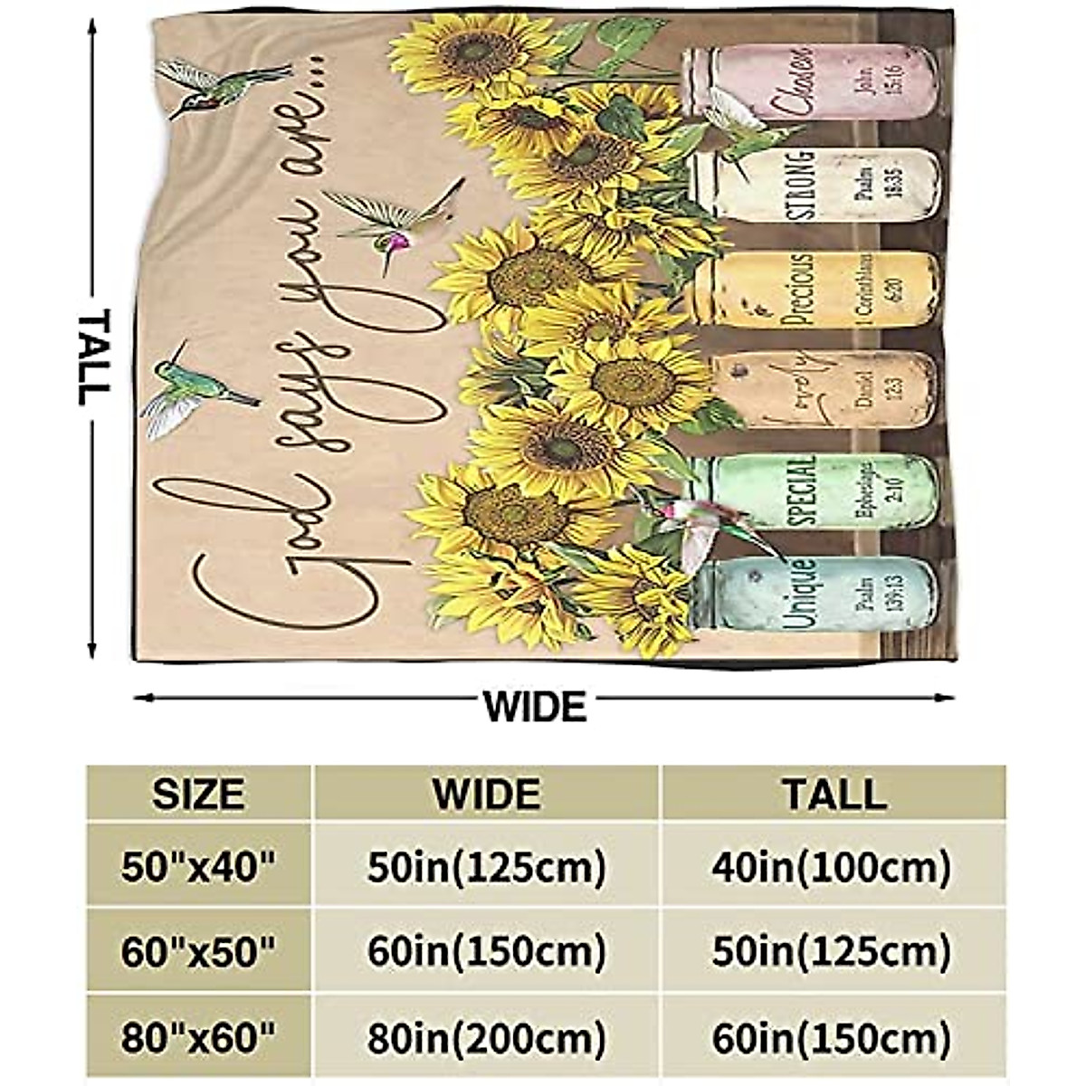 Sunflower Healing Blanket for Women ,Inspirational Quote God Says You are Hummingbird Design Sherpa Throw Blankets for Kids and Adults Cozy Blankets 50X40 inch