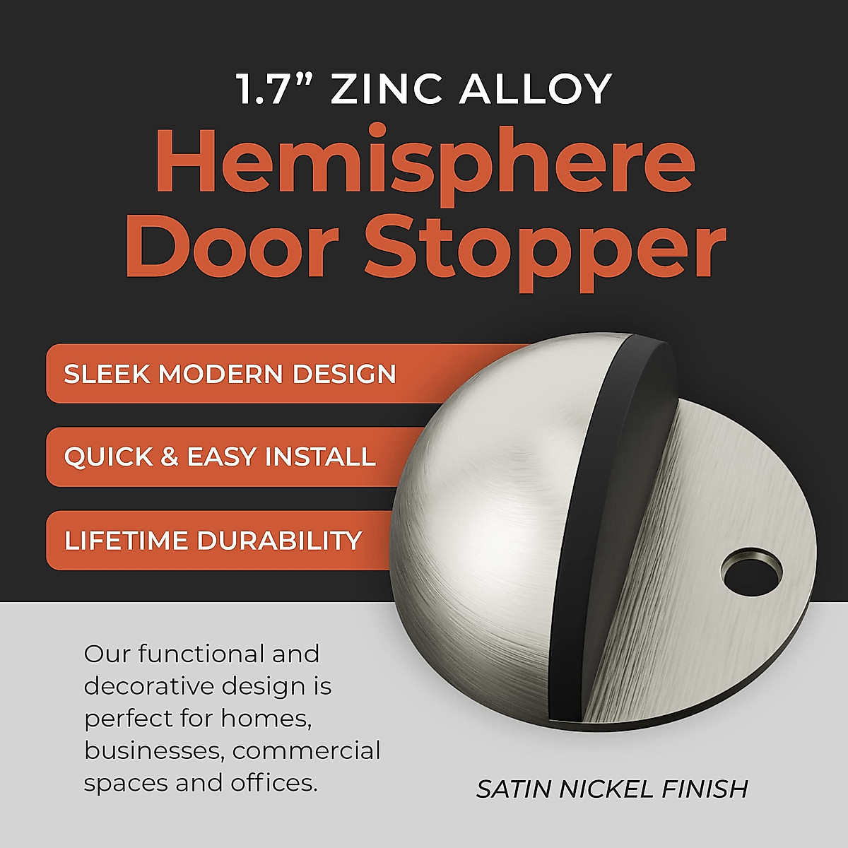 Stainless Steel Rubber Floor Mounted Hemisphere Door Stopper NYCO Architectural Hardware-Heavy Duty Door Bumper for Wall Protection- Modern Universal Door Slam Stopper-1.7”x 0.9" (Zinc/Satin Nickel)