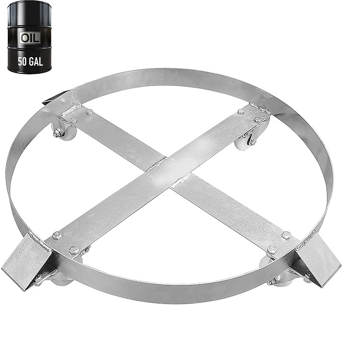 BotaBay Upgrade Drum Dolly for 50 Gallon Drums, Barrel Dolly with 4 PCS 360° Rolling Swivel Caster Wheels and Brake, Heavy Duty Steel Frame Drum Cart for Workshops, Factories, Warehouses