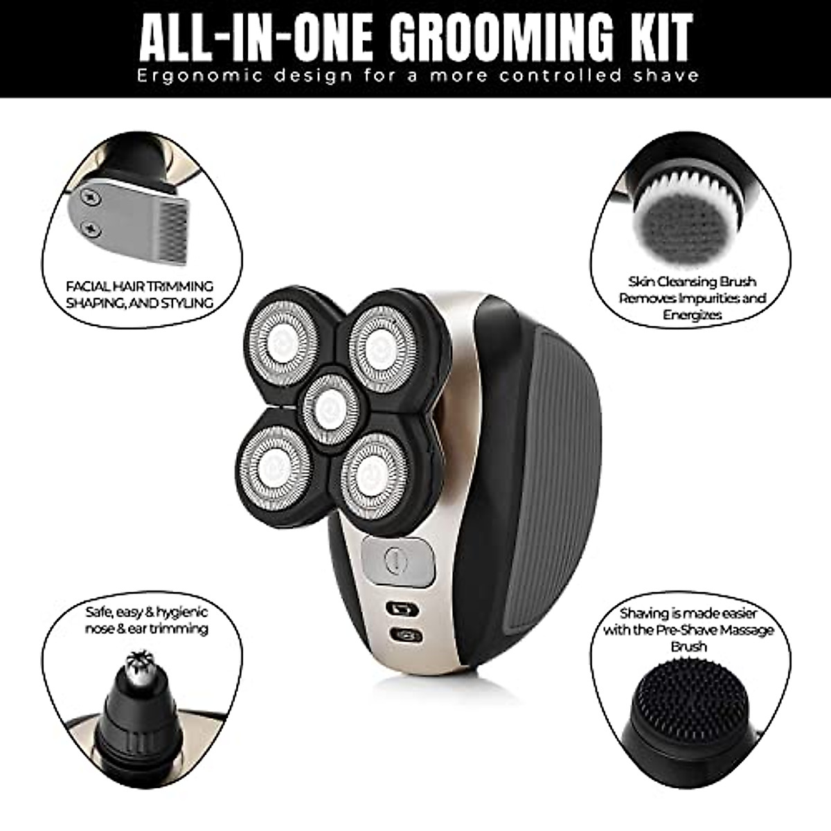 NAWAZJEE Electric Head Hair Pitbull Skull Shaver, Waterproof, Wet and Dry Rotary Razor, Cordless,USB Rechargeable, Men Bald Head Shaver Grooming Kit, Nose Ear Face and Body Trimmer, Multifunctional
