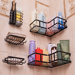 Corner Shower Caddy Adhesive 5-Pack - Black Shower Organizer with 16 Hooks | No-Drill, wall-mounted, Rustproof Storage Baskets for Bathroom, Large Capacity Shower Caddy, hanging shower caddy