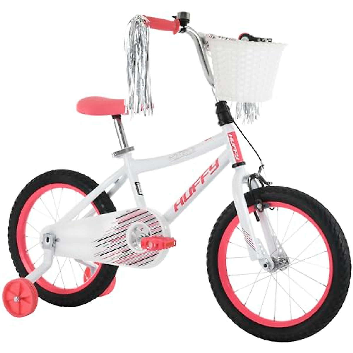 Huffy Zazzle 16" Kids Bike, Ideal for Ages 3 to 5 Years Old, Front Basket, Shimmering Streamers, Removable Training Wheels, Fun and Playful Design, Designed for Growth, Quick Connect Assembly, White