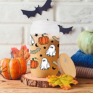 Halloween Cups Mugs Pumpkin Ghost 16Oz Iced Coffee Glass Cups with Lids and Straws Cute Halloween Gifts for Women Kids Teens Adults Spooky Gifts for Girls Boys Halloween Tumbler Fall Smoothie Cup