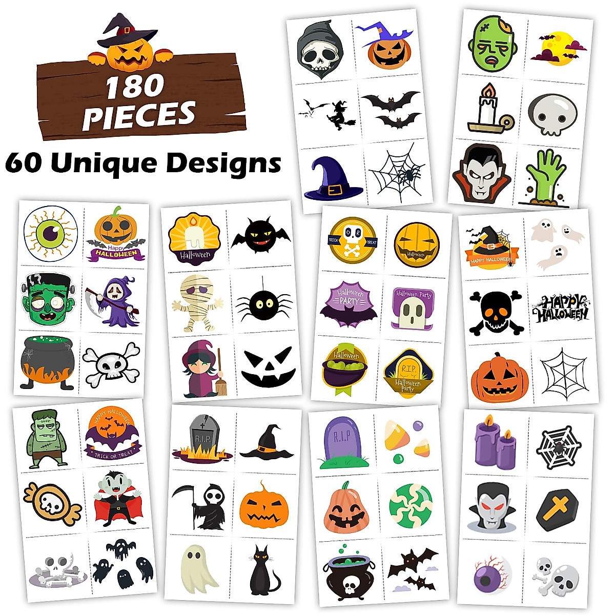 180pcs 60 Designs Halloween Temporary Tattoos for Kids, Children Fake Tattoos Stickers Party Supplies, Pumpkin Lantern Ghost Vampire Tattoo Body Sticker Halloween Party Themed Accessory Decorations