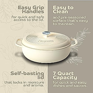 Segretto Cookware Enameled Oval Cast Iron Dutch Oven with Handle, 7 Quarts, Bianco Perla (Pearl White), 7qt Dutch Oven Pot with Lid Cast Iron Enamel Dutch Oven for Bread Baking, Basting, Cooking, Soups