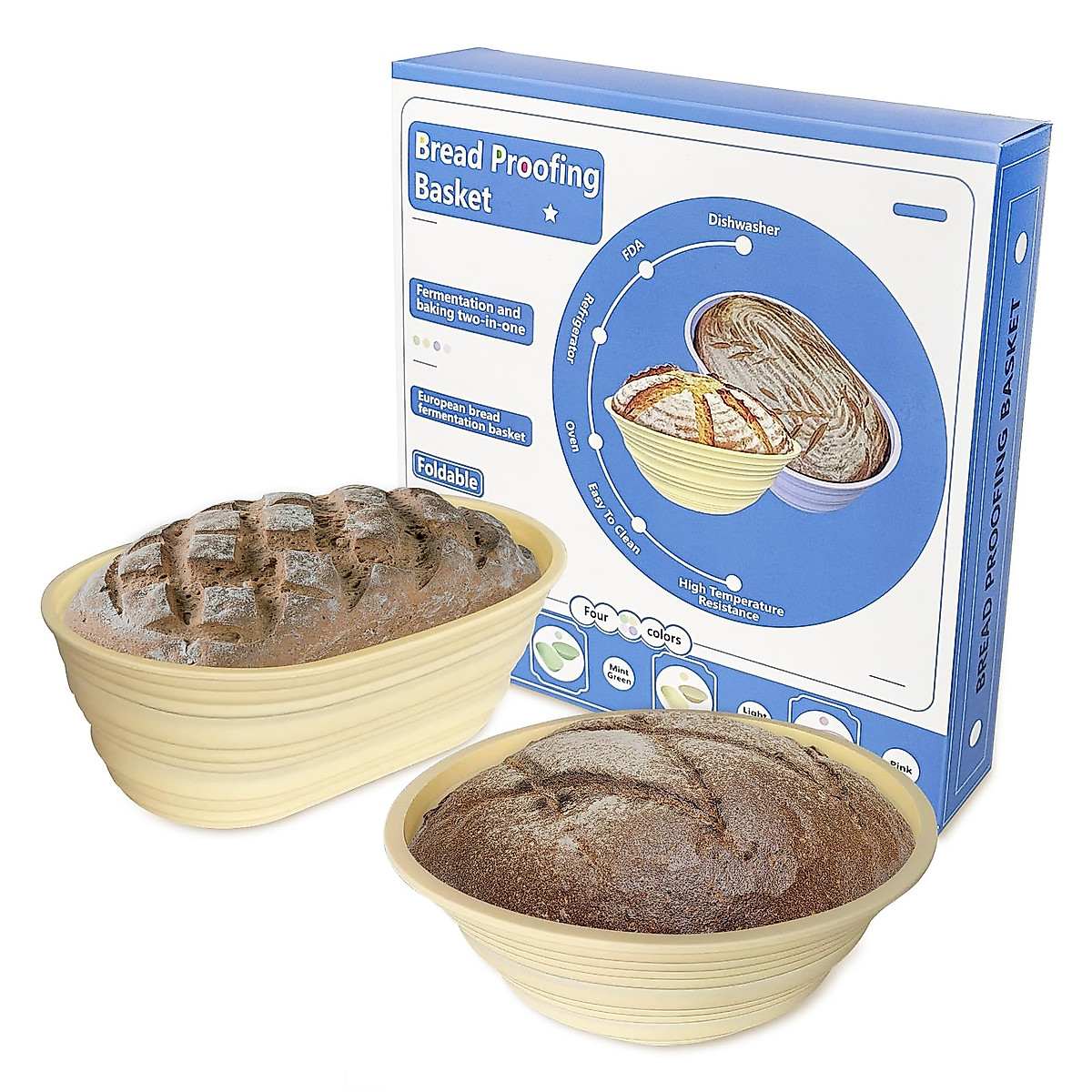 TMYIOYC Silicone Sourdough Bread Baking Supplies, 10 inch Oval & 9 inch Round Sour Dough Starter Kit, Foldable Banneton Bread Proofing Basket, Set of 2 Proofing Bowls for Sourdough Bread Baskets