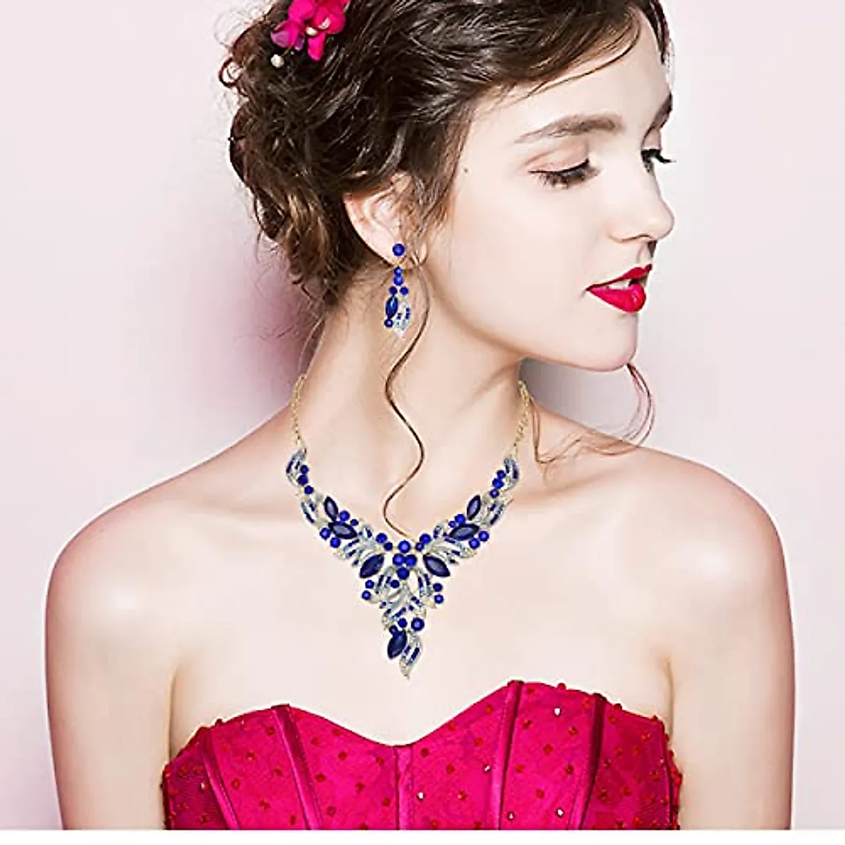 chaoyite Leaf Shape Bridal Costume Jewelry for Bride Wedding Necklace Earrings Bracelet Ring Sets Prom Dress Accessories(Royal Blue-gold tone)