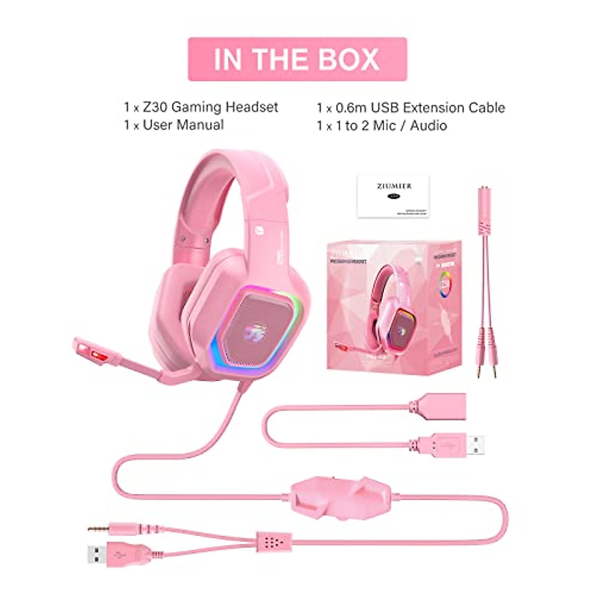 ZIUMIER Z30 Pink Gaming Headset for PS4, PS5, Xbox One, PC, Wired Over-Ear Headphone with Noise Canceling Microphone, LED Flowing RGB Light, 7.1 Surround Sound,Comfortable Earmuffs