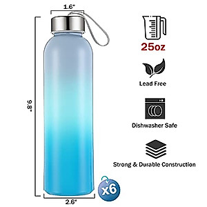 GoldArea 6 Pack Glass Water Bottles, 25 oz Colored Glass Bottles, Reusable Sports Water Bottle with Stainless Steel Lids and Carrying Straps, Leak-proof Water Bottles for Travel, Gym, or Office