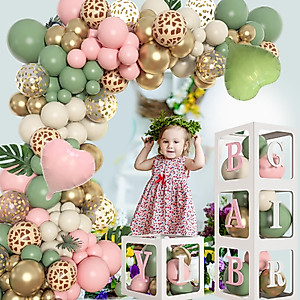 Amandir Baby Boxes Sage Green Baby Shower Decorations for Girl, Pink Gold Sage Green Balloon Arch Baby Blocks Letters Animal Jungle Safari Balloons Gender Reveal Two Wild One Birthday Party Supplies