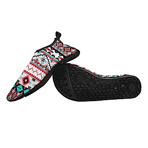 Water Shoes for Womens Mens Barefoot Quick-Dry Aqua Socks for Beach Swim Surf Yoga Exercise (Geometric Indiana Western Southwest Tribal Ethnic Aztec Red Turquoise)