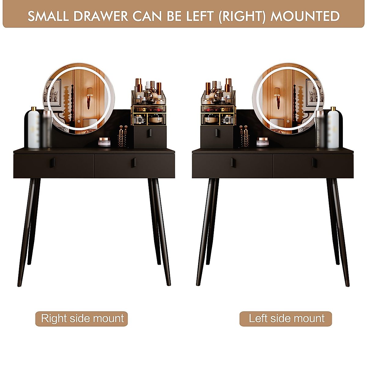 DOLILO 35" Vanity Desk with Mirror and Lights, Makeup Vanity with Lights, 3 Modes Brightness Adjustable, Vanity Mirror with Lights and Table Set with Vanity Stool 3 Sliding Drawers (Black)