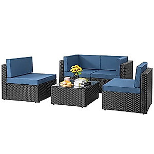 Shintenchi 5 Pieces Outdoor Patio Sectional Sofa Couch, Black PE Wicker Furniture Sets, Patio Conversation Sets with Washable Cushions Glass Table for Garden, Poolside, Backyard,Aegean Blue