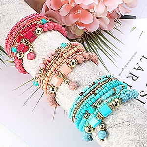 Udalyn 6 Sets Bohemian Stackable Bead Bracelets for Women Men Multilayered Bracelet Set Pendant Charm Stretch Bangles