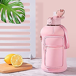 Fimibuke Half Gallon Water Bottle with Sleeve 64 OZ Water Bottle with Handle & Straw Leakproof Motivational Sports Gym Water Bottle with Time Marker BPA Free Water Jug with Neoprene Holder - Rose Pink