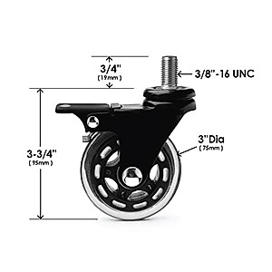 Slipstick CB693 Premium 3 Inch Rubber Caster Wheels with Brake (4 Pack) Replacement Rollerblade Style Swivel Casters with 3/8”– 16x1” Threaded Stem, Includes Mounting Hardware, Black/Clear Castor