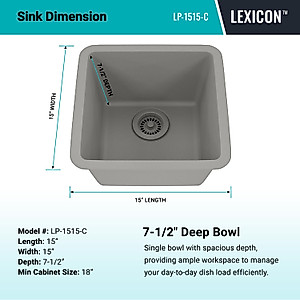 15" x 15" Quartz Kitchen Sink, Single Bowl Kitchen Sinks, Drop in Kitchen Sink, Granite Composite Kitchen Sink, Undermount Sink, Galaxy Concrete Kitchen Sink, with Grid, Strainer, Flange, LP-1515-C