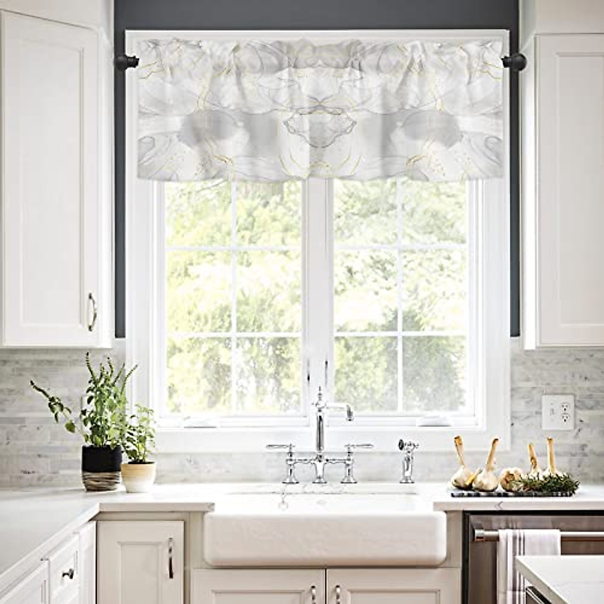 OneHoney Marble Texture Kitchen Curtains Tiers and Valances Set 3 Piece for Windows, Modern White Granite with Gold Lines Rod Pocket Small Window Panels for Living Room Bedroom Bathroom Cafe