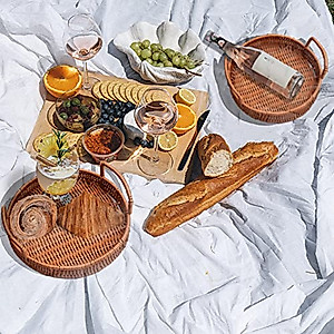 3 Pack Woven Serving Tray with Handles, Imitation Rattan Woven Tray, Hand-Woven Tray,Woven Basket, Storage Basket, Round Double Handle (Imitation Rattan, Brown)