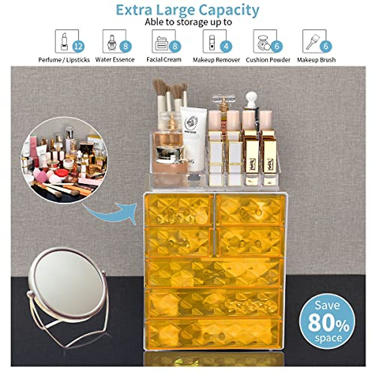 COMVTUPY Clear Makeup Organizer with Brush Holder, Large Acrylic Cosmetic Display Cases Diamond Pattern Make Up Organizers and Storage for Vanity, Bathroom (3 Large, 4 Small Drawers, Yellow)