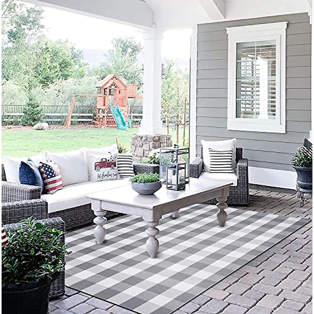 KOZYFLY Buffalo Plaid Area Rug 5 x 7 Ft Gray and White Checkered Rug Washable Outdoor Patio Rugs Cotton Rugs for Living Room Carpet for Living Room Outdoor Dining Room Bedroom Farmhouse Rug