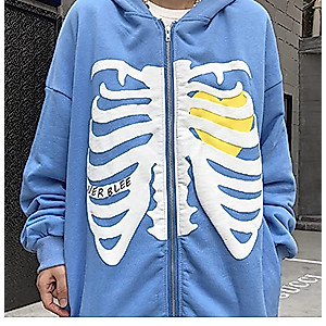 Women Zip Up Hoodies Goth Skeleton Rib Cage Graphics Y2K Harajuku Novelty Sweatshirt Blue