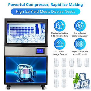 Pioneerworks Commercial Ice Maker Machine 110lbs/24H, Under Counter Ice Machine Self Cleaning with 27lbs Storage, LCD Panel and Blue Light, Stainless Steel Ice Maker for Restaurant/Home/Bars/Coffee