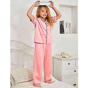 Jxstar Button Up Satin Pajamas for Girls Boys Silk Pjs Sets Kids Champagne Short Sleeve Sleepwear,4t 5t