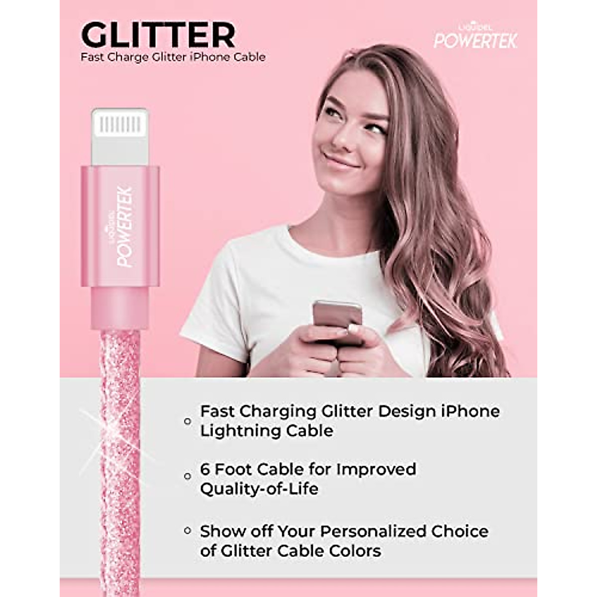 LIQUIPEL Powertek Glitter MFi Certified Charger Compatible for Apple iPhone, iPad, 6ft Cable, Lightning to USB Cable Cord, Fast Charging Lightning Cable (Pink)