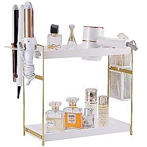 Bathroom Countertop Organizer with Hair Tool Storage Organizer, 2 Tier Bathroom Organizer Countertop with Hair Blow Dryer Holder, White Bathroom Counter Organizer with Basket for Vanity Counter