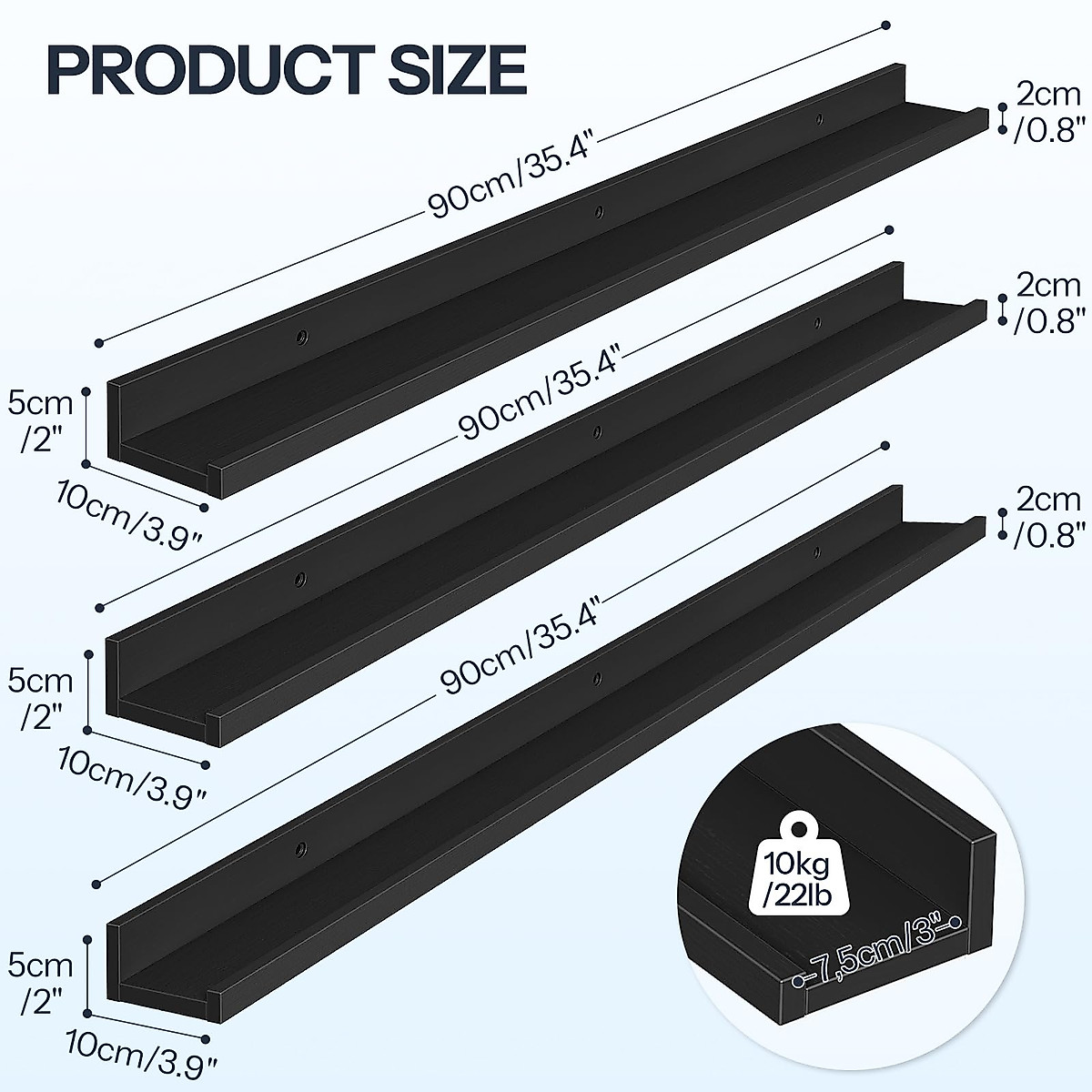 HOOBRO Floating Shelves, Wall Shelf Set of 3, 35.4 Inches Hanging Shelf with Raised Edge and Invisible Brackets, for Bathroom, Bedroom, Kitchen, Office, Living Room Decor, Black BK90BJ01