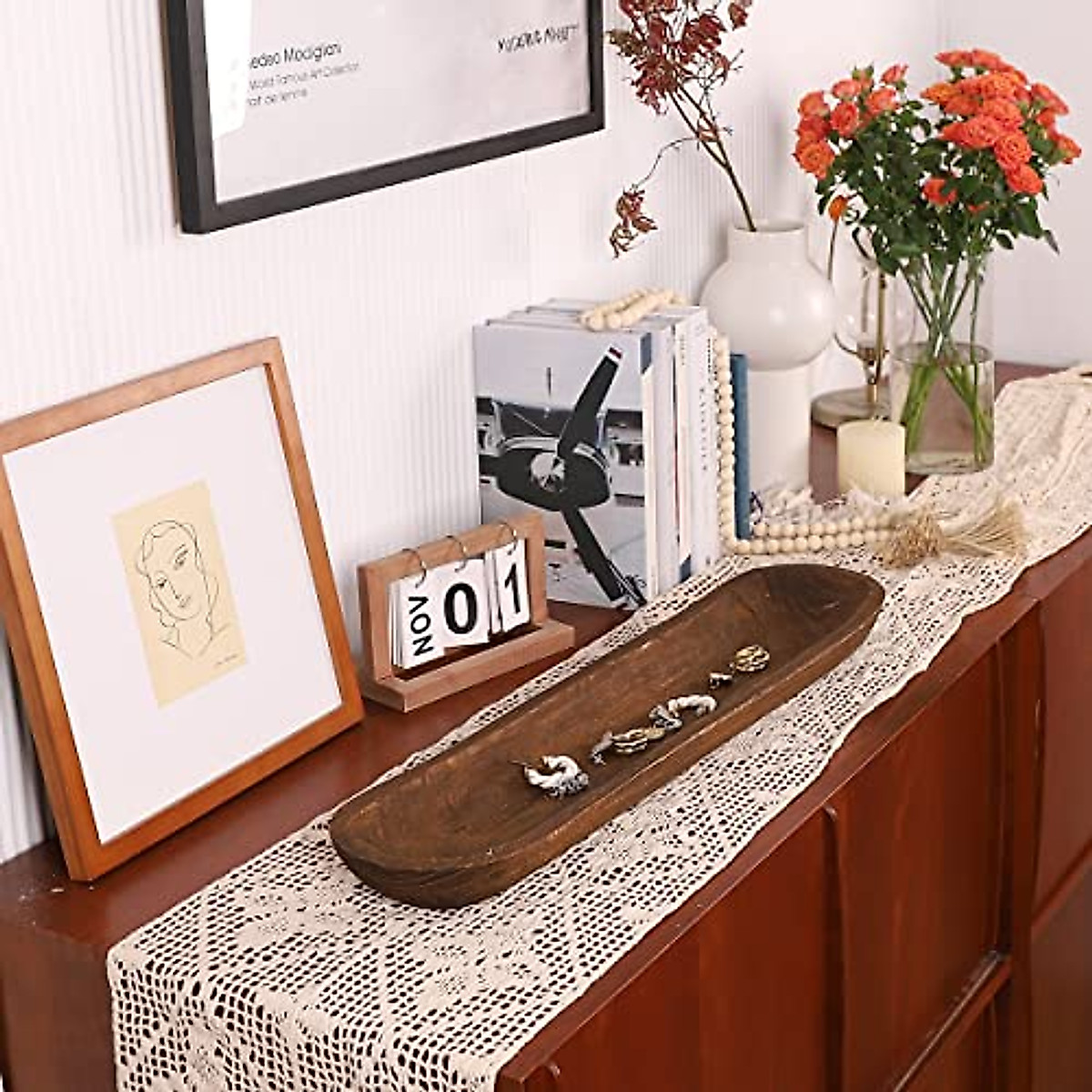 Uziass Wood Dough Bowl, 23.5in Hand Carved Rustic Long Wooden Dough Bowls for Decor Long Wood Dough Bowl Farmhouse Decorative Fruits Wooden Bowls for Dining Table Centerpiece Countertop Home Kitchen