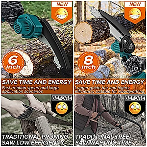 Mini Chainsaw Cordless 6 Inch/8 Inch Handheld Chainsaw- 24V Hand Saw Battery Powered, Pruning Saw for Tree Branches, Courtyard, Household, Garden, Wood Cutting Tree Trimming（2 Batteries+ 4 Chains）